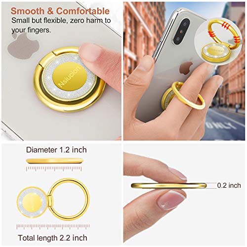 Nsiucion Cell Phone Ring Holder Stand, Glitter Finger Kickstand, 360 Degree Rotation Metal Ring Grip Holder for Magnetic Car Mount Compatible with All Smartphone (Gold)