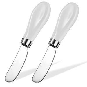 2 pack stainless steel butter spreader knife, butter knife with white porcelain handle, cheese butter spreader knives for kitchen