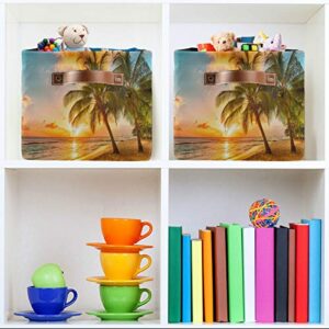 AUUXVA Palm Tree Sea Ocean Sunset Storage Basket Large Foldable Storage Organizer Cubes Bins with Leather Handles Sturdy Collapsible Boxes for Shelf Cloth Toy Closet-1 Pack