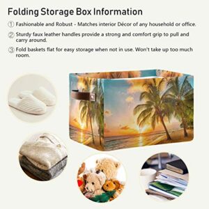 AUUXVA Palm Tree Sea Ocean Sunset Storage Basket Large Foldable Storage Organizer Cubes Bins with Leather Handles Sturdy Collapsible Boxes for Shelf Cloth Toy Closet-1 Pack