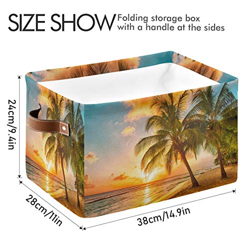 AUUXVA Palm Tree Sea Ocean Sunset Storage Basket Large Foldable Storage Organizer Cubes Bins with Leather Handles Sturdy Collapsible Boxes for Shelf Cloth Toy Closet-1 Pack