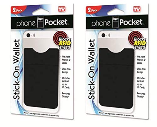 Phone Pocket Stick On Smart Phone Wallet - RFID Blocking for Credit Cards, Cash, ID and More! Bonus 4 Pack Black