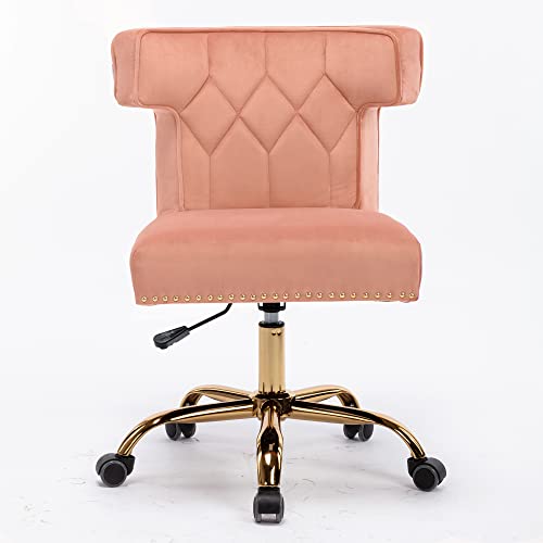 Recaceik Velvet Home Office Chair, Modern Adjustable Swivel Desk Chairs with High Back 360 Degree Castor Gold Wheels for Living Room/Bedroom/Office (Pink)