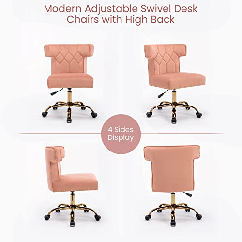 Recaceik Velvet Home Office Chair, Modern Adjustable Swivel Desk Chairs with High Back 360 Degree Castor Gold Wheels for Living Room/Bedroom/Office (Pink)