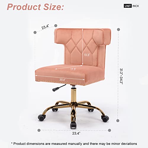 Recaceik Velvet Home Office Chair, Modern Adjustable Swivel Desk Chairs with High Back 360 Degree Castor Gold Wheels for Living Room/Bedroom/Office (Pink)