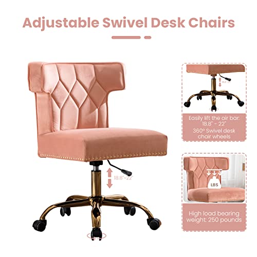 Recaceik Velvet Home Office Chair, Modern Adjustable Swivel Desk Chairs with High Back 360 Degree Castor Gold Wheels for Living Room/Bedroom/Office (Pink)