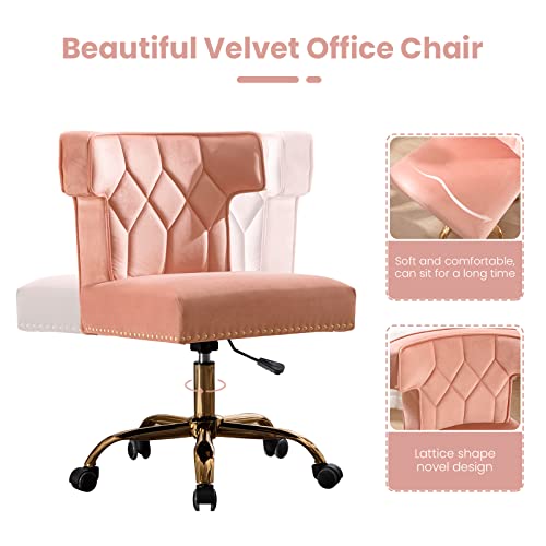 Recaceik Velvet Home Office Chair, Modern Adjustable Swivel Desk Chairs with High Back 360 Degree Castor Gold Wheels for Living Room/Bedroom/Office (Pink)