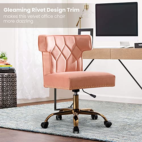 Recaceik Velvet Home Office Chair, Modern Adjustable Swivel Desk Chairs with High Back 360 Degree Castor Gold Wheels for Living Room/Bedroom/Office (Pink)