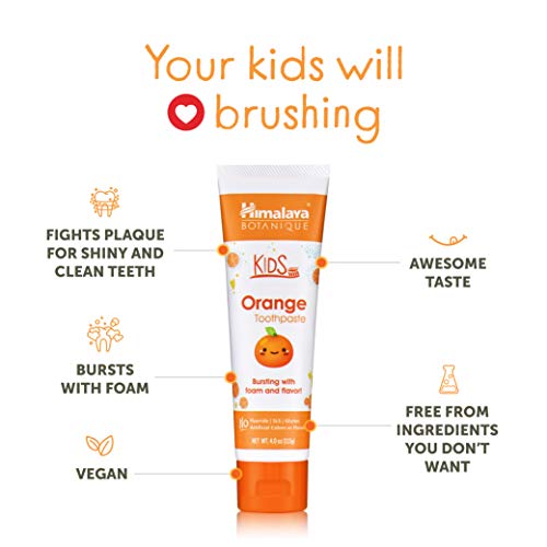 Himalaya Botanique Kids Toothpaste, Orange Flavor to Reduce Plaque and Keep Kids Brushing Longer, Fluoride Free, 4 oz, 4 Pack