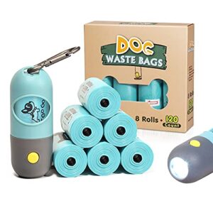 potaroma dog poop bags, 8 rolls guaranteed leak-proof doggie poop bags, extra thick waste bags, lavender scented, 120 count, includes flashlight bag dispenser holder