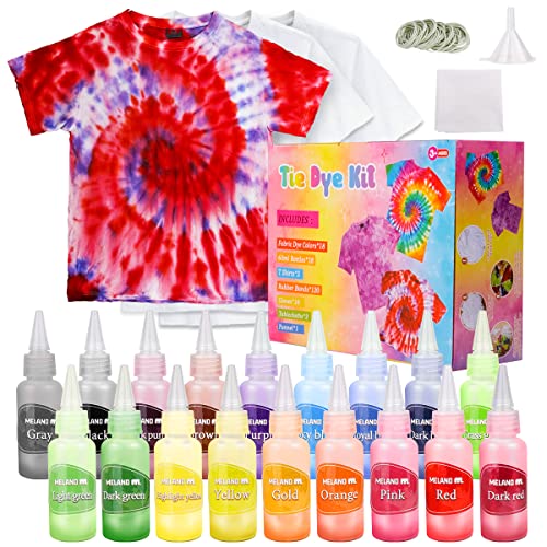 Meland Tie Dye Kit with 3 Shirts - 18 Colors DIY Tie Dye Set with 3 White T-Shirts, All-in-1 Fabric Tie Dye Craft Set for Kids & Adults, Tye Dye for Party Birthday Christmas Gifts for Girls Boys