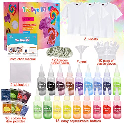 Meland Tie Dye Kit with 3 Shirts - 18 Colors DIY Tie Dye Set with 3 White T-Shirts, All-in-1 Fabric Tie Dye Craft Set for Kids & Adults, Tye Dye for Party Birthday Christmas Gifts for Girls Boys