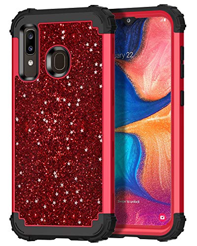 Hekodonk for Galaxy A20/A30/A50 Case, Heavy Duty Shockproof Protection Hard Plastic+Silicone Rubber Hybrid Protective Case for Samsung Galaxy A20/A30/A50-Bling Red