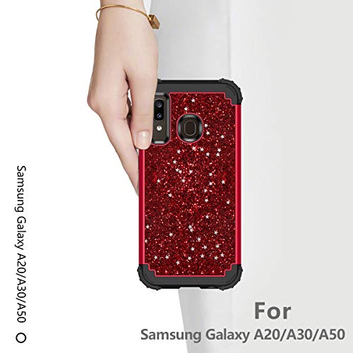 Hekodonk for Galaxy A20/A30/A50 Case, Heavy Duty Shockproof Protection Hard Plastic+Silicone Rubber Hybrid Protective Case for Samsung Galaxy A20/A30/A50-Bling Red