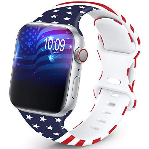 OHOTLOVE Compatible with Apple Watch 38mm 40mm 41mm 42mm 44mm 45mm for Women Men, Soft Silicone Pattern Printed Replacement Wristband Band For Iwatch SE Series 8 7 6 5 4 3 2 1.Old Glory A