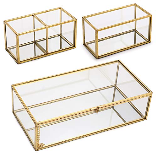 Hipiwe Mirrored Glass Keepsake Box with Two Detachable Internal Glass Organizer - Gold Lidded Box Jewelry Trinket Storage Box Perfume Makeup Lipstick Holder