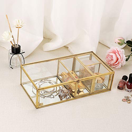 Hipiwe Mirrored Glass Keepsake Box with Two Detachable Internal Glass Organizer - Gold Lidded Box Jewelry Trinket Storage Box Perfume Makeup Lipstick Holder