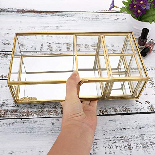 Hipiwe Mirrored Glass Keepsake Box with Two Detachable Internal Glass Organizer - Gold Lidded Box Jewelry Trinket Storage Box Perfume Makeup Lipstick Holder