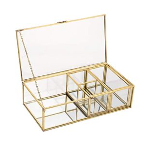 Hipiwe Mirrored Glass Keepsake Box with Two Detachable Internal Glass Organizer - Gold Lidded Box Jewelry Trinket Storage Box Perfume Makeup Lipstick Holder