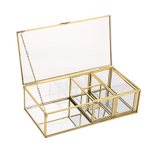 Hipiwe Mirrored Glass Keepsake Box with Two Detachable Internal Glass Organizer - Gold Lidded Box Jewelry Trinket Storage Box Perfume Makeup Lipstick Holder