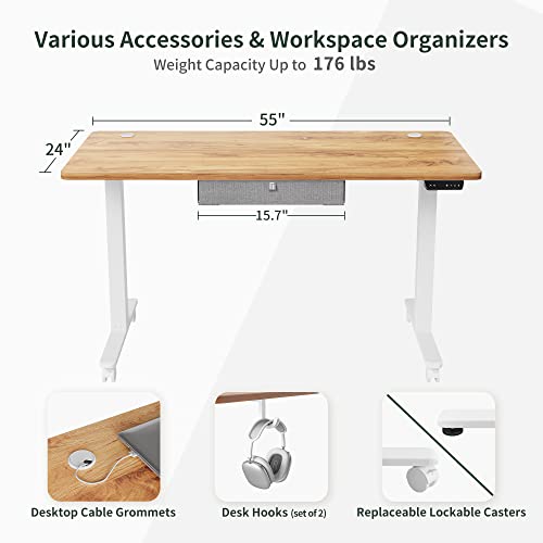 FEZIBO Standing Desk with Drawer, Adjustable Height Electric Stand up Desk, 55 x 24 Inches Sit Stand Home Office Desk, Ergonomic Workstation Grey Steel Frame/Light Rustic Brown Tabletop