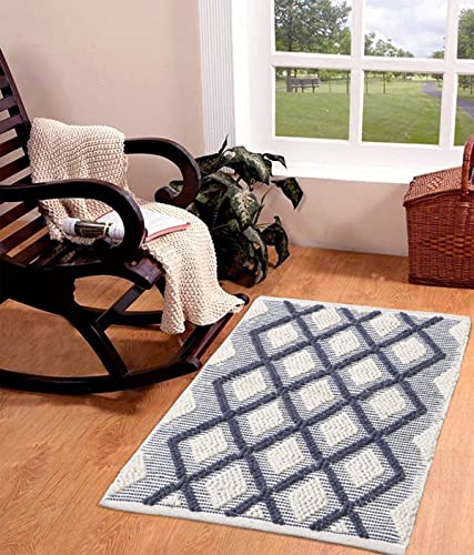 Home Talk Store Wool Area Rug | Handcrafted Traditional Rugs | Non-Skid Carpet | Modern Indoor Shag Rugs for Bedroom, Home Décor, Dining Room | Wool Mats | 2’x 3’ | White & Navy