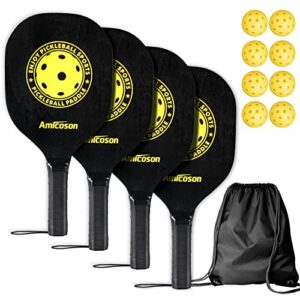 amicoson pickleball paddles - pickleball set of 4 paddles, indoor & outdoor pickleball balls, pickleball paddle set of 4 wood pickleball racket ergonomic cushion grip, 8 pickleball balls & 1 carry bag