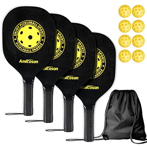 Amicoson Pickleball Paddles - Pickleball Set of 4 Paddles, Indoor & Outdoor Pickleball Balls, Pickleball Paddle Set of 4 Wood Pickleball Racket Ergonomic Cushion Grip, 8 Pickleball Balls & 1 Carry Bag