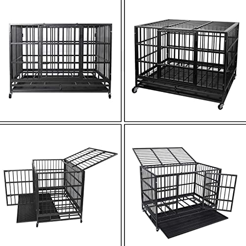 Otaid 48 Inch Heavy Duty Dog Crate Cage Kennel with Wheels, High Anxiety Indestructible Dog Crate, Sturdy Locks Design, Double Door and Removable Tray Design, Extra Large XL XXL Dog Crate