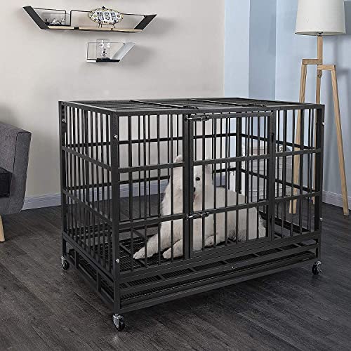 Otaid 48 Inch Heavy Duty Dog Crate Cage Kennel with Wheels, High Anxiety Indestructible Dog Crate, Sturdy Locks Design, Double Door and Removable Tray Design, Extra Large XL XXL Dog Crate