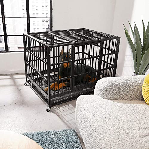 Otaid 48 Inch Heavy Duty Dog Crate Cage Kennel with Wheels, High Anxiety Indestructible Dog Crate, Sturdy Locks Design, Double Door and Removable Tray Design, Extra Large XL XXL Dog Crate