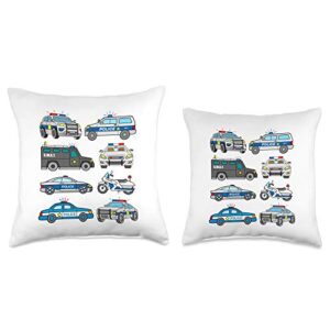 Police Car Designs Cop Car Design Kids Toddler Police Vehicles SWAT Truck Men Throw Pillow, 18x18, Multicolor