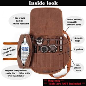 Beemojo Bartender Tool Bag Waxed Canvas Water Resistant Adjustable Shoulder Straps Genuine Leather Handles 16 Pockets Holds 33oz Bottle Mobile Travel Design - Bag ONLY