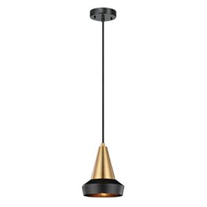 globe electric monte 1-light plug-in or hardwire pendant lighting, matte brass, matte black accent, black fabric cord, gold