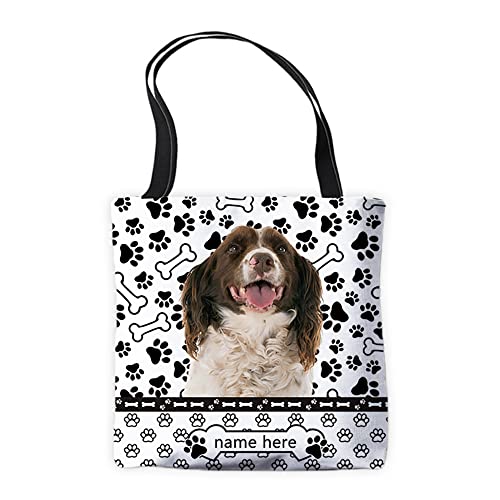 BAGEYOU Custom Dog Name Polka Dots Tote Bag Cute English Springer Spaniel Buffalo Check Plaid Paw Bone Decor Shoulder Bag Handbag Casual Tote