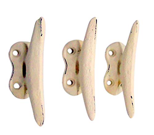 Nautical White Cast Iron Boat Cleat Wall Hooks, 3.5 Inches, Set of 3