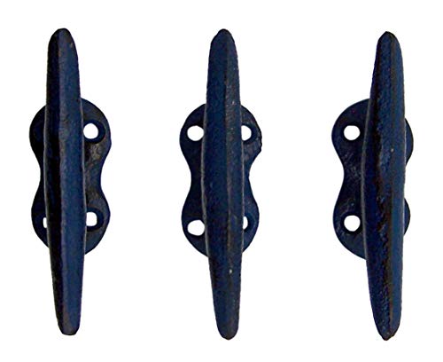 Wowser Nautical Blue Cast Iron Boat Cleat Wall Hooks, 3.5 Inches, Set of 3