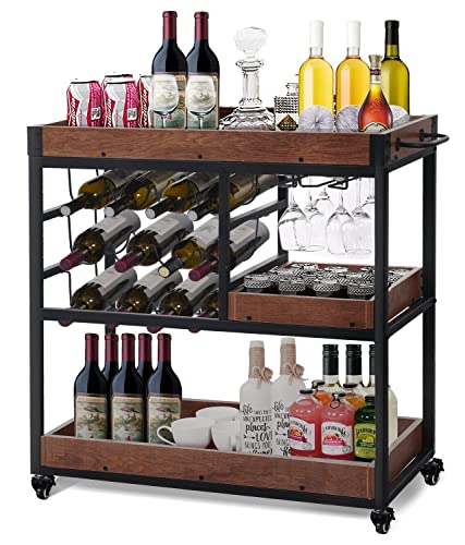 4 EVER WINNER Bar Carts for Home, Home Bar Serving Cart with 12 Bottle Wine Rack and Wine Glasses Holder, Rustic Rolling Bar Cart with Removable Shelves for Home