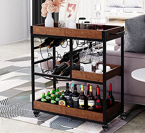 4 EVER WINNER Bar Carts for Home, Home Bar Serving Cart with 12 Bottle Wine Rack and Wine Glasses Holder, Rustic Rolling Bar Cart with Removable Shelves for Home