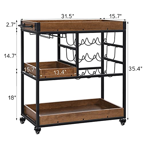 4 EVER WINNER Bar Carts for Home, Home Bar Serving Cart with 12 Bottle Wine Rack and Wine Glasses Holder, Rustic Rolling Bar Cart with Removable Shelves for Home