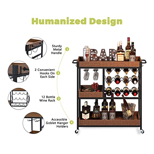 4 EVER WINNER Bar Carts for Home, Home Bar Serving Cart with 12 Bottle Wine Rack and Wine Glasses Holder, Rustic Rolling Bar Cart with Removable Shelves for Home