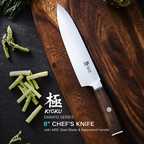 KYOKU 8 Inch Chef Knife - Daimyo Series - Professional Chef's Knife with Ergonomic Rosewood Handle and Mosaic Pin - Japanese 440C Stainless Steel Kitchen Knife with Sheath and Case