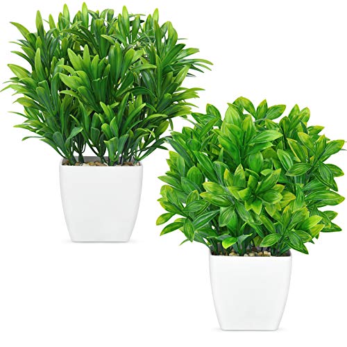 Artflower 2 Pack Artificial Eucalyptus Plants in Pots Mini Green Faux Potted Plants with Plastic White Vase Fake Aloe Grass for Home Indoor, Office, Desk, Table Bathroom Bedroom Decor