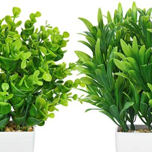 Artflower 2 Pack Artificial Eucalyptus Plants in Pots Mini Green Faux Potted Plants with Plastic White Vase Fake Aloe Grass for Home Indoor, Office, Desk, Table Bathroom Bedroom Decor