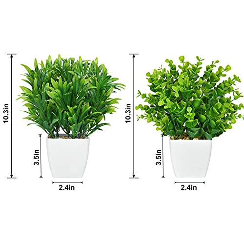 Artflower 2 Pack Artificial Eucalyptus Plants in Pots Mini Green Faux Potted Plants with Plastic White Vase Fake Aloe Grass for Home Indoor, Office, Desk, Table Bathroom Bedroom Decor