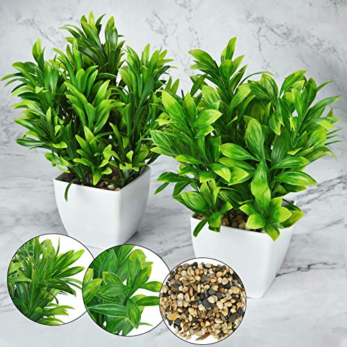 Artflower 2 Pack Artificial Eucalyptus Plants in Pots Mini Green Faux Potted Plants with Plastic White Vase Fake Aloe Grass for Home Indoor, Office, Desk, Table Bathroom Bedroom Decor