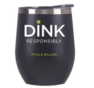 super fly goods pickle ball dink responsibly pickleball lovers stemless wine tumbler gift for men women or partners players 12 oz insulated stainless steel wine glass (pickleball)