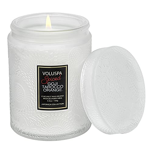 Voluspa Spiced Goji Tarocco Orange Candle | Small Glass Jar with Matching Glass Lid | 5.5 Oz | All Natural Wicks and Coconut Wax for Clean Burning | Vegan