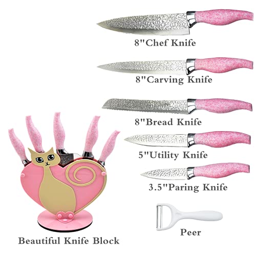 Kitchen Knives Set, Stainless Steel Knife Set with Novelty Acrylic Block, Sharp Cutlery Knife Set for Chef Cooking Cutting, Pink Color Knife