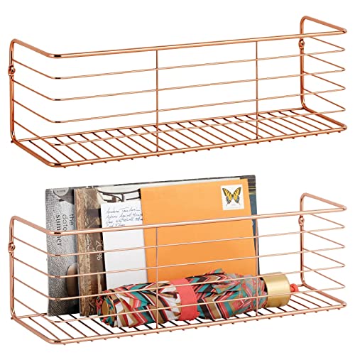 mDesign Wide Metal Wall Mount Decor Storage Organizer Display Shelf - Hang in Bathroom, Kitchen, Entryway, Hallway, Mudroom, Bedroom, Laundry Room - Concerto Collection, 2 Pack - Rose Gold